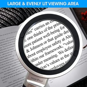 MagniPros Extra Large 10X Magnifying Glass with Detachable Lenses- 3 Light Modes Reading Magnifier with Self-Standing Handle for Hobbyists, AMD, Reading Fine Print, Seniors, Inspection, Coin, Jewelry