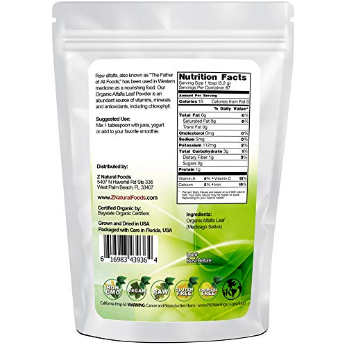 Z Natural Foods Organic Alfalfa Leaf Powder - Made in USA - Green Superfood Supplement for Drinks, Tea, Shakes, Smoothies Recipes - Raw, Vegan, Gluten Free, Non GMO, Kosher - 1 lb