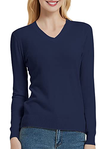 Urban CoCo Women's V Neck Long Sleeve Solid Classic Knit Pullover Sweater Tops (Navy Blue, L)