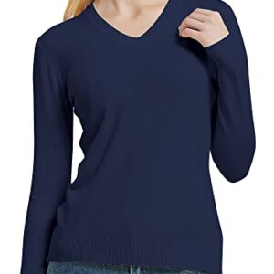 Urban CoCo Women's V Neck Long Sleeve Solid Classic Knit Pullover Sweater Tops (Navy Blue, L)