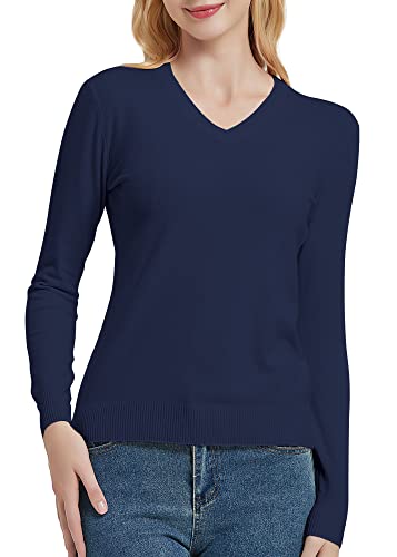 Urban CoCo Women's V Neck Long Sleeve Solid Classic Knit Pullover Sweater Tops (Navy Blue, L)