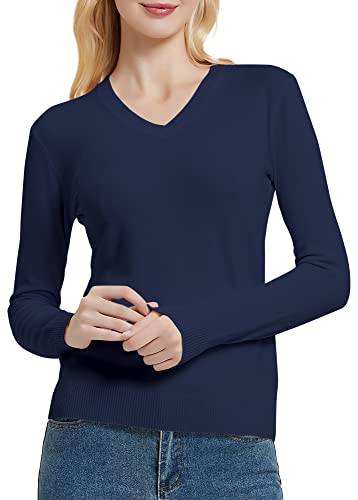 Urban CoCo Women's V Neck Long Sleeve Solid Classic Knit Pullover Sweater Tops (Navy Blue, L)