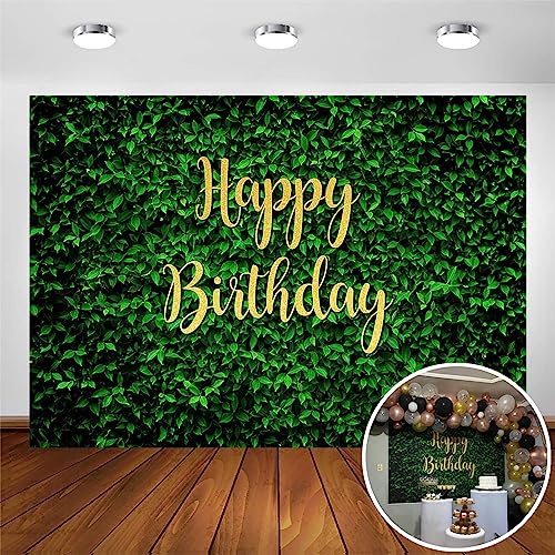 Avezano Green Leaves Happy Birthday Backdrop for Jungle Safari Birthday Party Decorations Banner Nature Green Grass Wall Birthday Party Photoshoot Photobooth Photography Background(7x5ft)