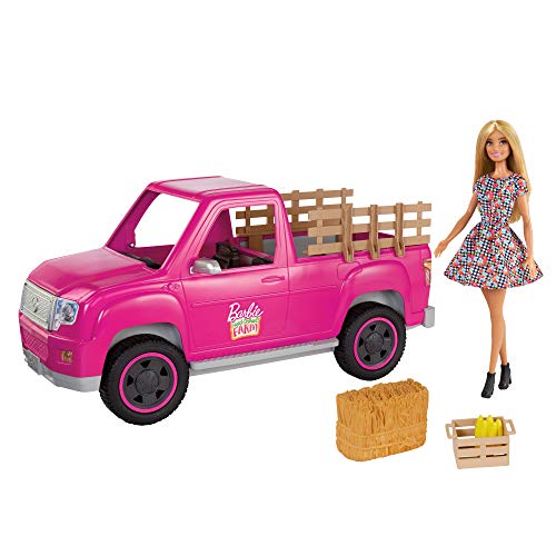 Barbie Sweet Orchard Farm Truck & Doll Set, Blonde Doll & Pink Truck with Working Tailgate, Hay Bale, Crate & Corn, Gift for 3 to 7 Year Olds