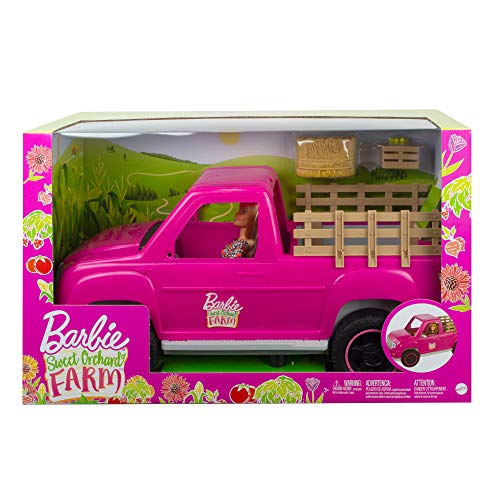 Barbie Sweet Orchard Farm Truck & Doll Set, Blonde Doll & Pink Truck with Working Tailgate, Hay Bale, Crate & Corn, Gift for 3 to 7 Year Olds