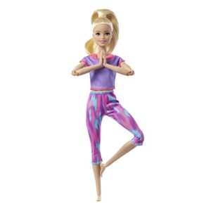 barbie made to move doll with 22 flexible joints & long blonde ponytail wearing athleisure-wear for kids 3 to 7 years old