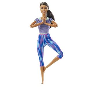 barbie made to move doll with 22 flexible joints & curly brunette ponytail wearing athleisure-wear for kids 3 to 7 years old