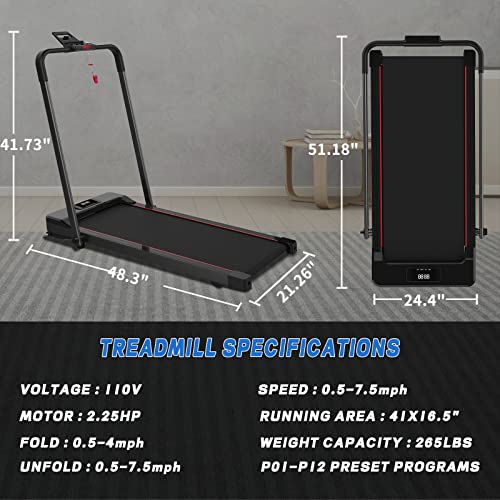 Walking Pad Under Desk Treadmill Desk Treadmill for Office Under Desk 265LBS with Blue Tooth Speaker, Remote Control and LED Display, Walking Jogging, Foldable & Portable