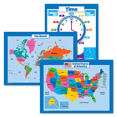 3 Pack - USA & World Map for Kids + Learning to Tell Time Poster Set (LAMINATED, 18" x 24")