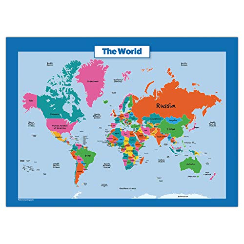 3 Pack - USA & World Map for Kids + Learning to Tell Time Poster Set (LAMINATED, 18" x 24")