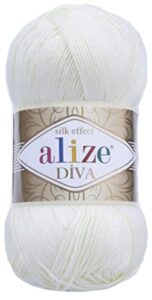 alize diva silk effect 100% microfiber acrylic yarn 1 ball skeins 100gr 383yds color (1055 - sugar white)