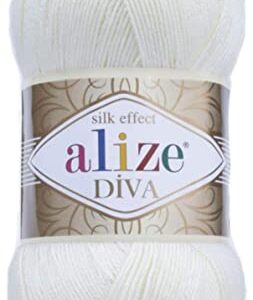 Alize Diva Silk Effect 100% Microfiber Acrylic Yarn 1 Ball skeins 100gr 383yds Color (1055 - Sugar White)