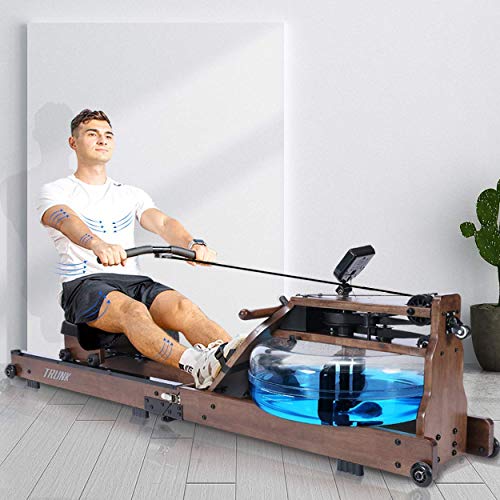 TRUNK Foldable Water Rowing Machine for Home Fitness, Classic Wood Water Rower with Bluetooth Monitor Whole Body Exercise Cardio Training (Included an Dust Cover and Phone Holder)