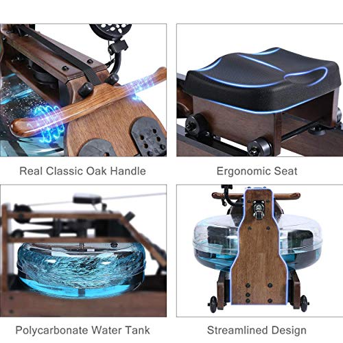 TRUNK Foldable Water Rowing Machine for Home Fitness, Classic Wood Water Rower with Bluetooth Monitor Whole Body Exercise Cardio Training (Included an Dust Cover and Phone Holder)