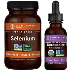 global healing center detoxadine and selenium kit-organic nascent liquid iodine supplement drops & vegan antioxidant for thyroid support & normal immune system health-women & men-1 fl oz & 60 capsules