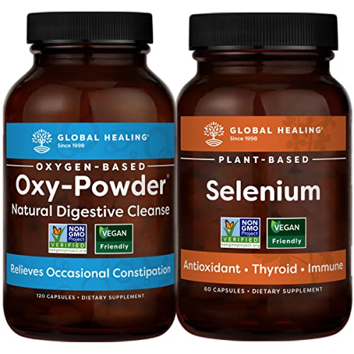 Global Healing Center Oxy-Powder & Selenium Kit - Natural, Oxygen Based Colon Cleanser of Intestinal Tract & Vegan Antioxidant Supplement for Thyroid Support & Immune System Health- 160 Capsules Total