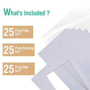 Acid Free 25 Pack 5x7 Pre-Cut Mat Board Show Kit for 4x6 Photos, Prints or Artworks, 25 Core Bevel Cut Matts and 25 Backing Boards and 25 Crystal Plastic Bags, White