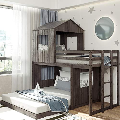 Harper & Bright Designs House Bed Bunk Beds Twin Over Full Size, Wood Bunk Beds with Roof and Guard Rail for Kids, Toddlers, No Box Spring Needed