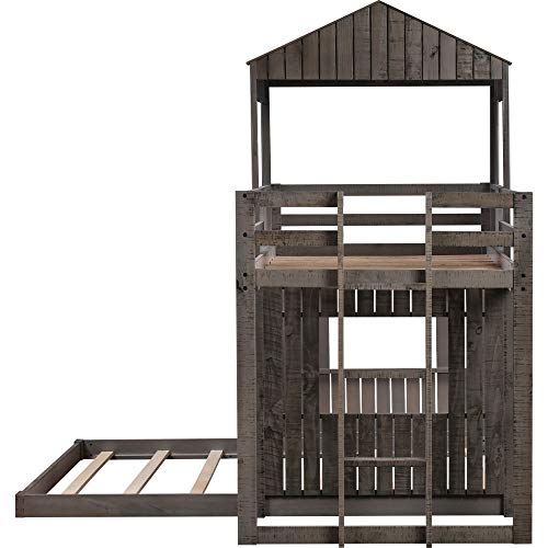 Harper & Bright Designs House Bed Bunk Beds Twin Over Full Size, Wood Bunk Beds with Roof and Guard Rail for Kids, Toddlers, No Box Spring Needed