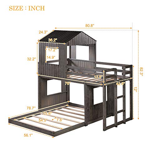 Harper & Bright Designs House Bed Bunk Beds Twin Over Full Size, Wood Bunk Beds with Roof and Guard Rail for Kids, Toddlers, No Box Spring Needed