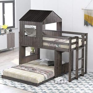 Harper & Bright Designs House Bed Bunk Beds Twin Over Full Size, Wood Bunk Beds with Roof and Guard Rail for Kids, Toddlers, No Box Spring Needed