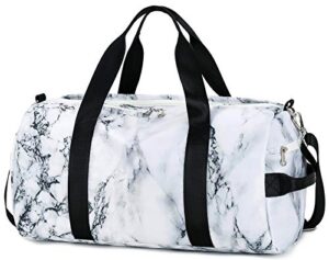 sport gym duffle travel bag for men women duffel with shoe compartment, wet pocket (marble-white) 19.7"x9.5"x9.9"