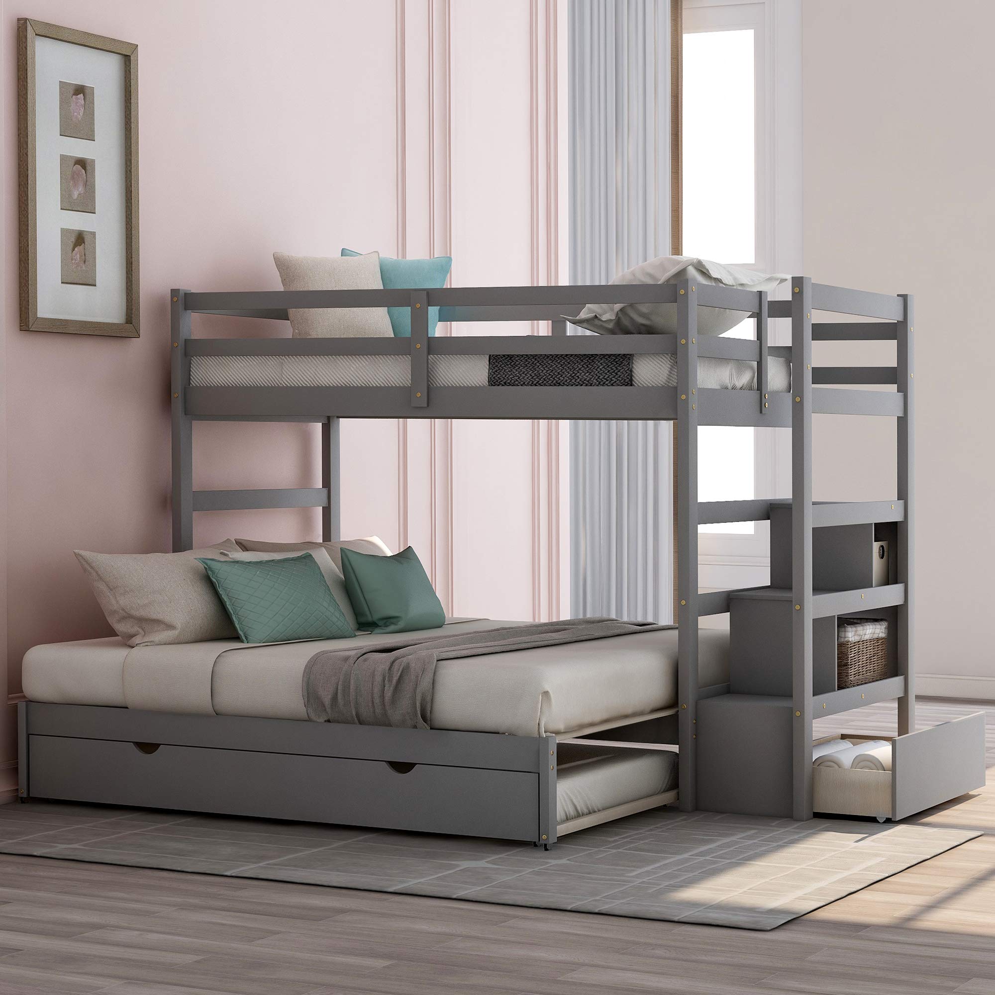 Polibi Stairway Twin Over Twin/King Bunk Bed with Size Trundle, Drawers and Guardrail, 3-in-1 Wood Trundle for Boys Girls, Grey