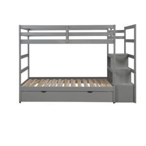 Polibi Stairway Twin Over Twin/King Bunk Bed with Size Trundle, Drawers and Guardrail, 3-in-1 Wood Trundle for Boys Girls, Grey