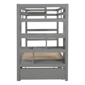 Polibi Stairway Twin Over Twin/King Bunk Bed with Size Trundle, Drawers and Guardrail, 3-in-1 Wood Trundle for Boys Girls, Grey