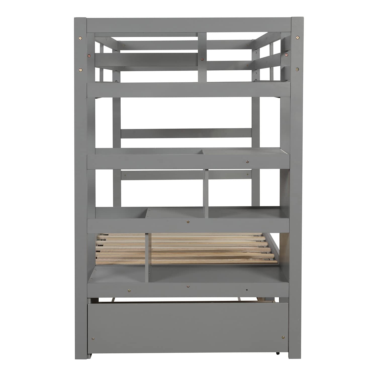 Polibi Stairway Twin Over Twin/King Bunk Bed with Size Trundle, Drawers and Guardrail, 3-in-1 Wood Trundle for Boys Girls, Grey