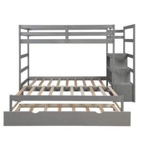 Polibi Stairway Twin Over Twin/King Bunk Bed with Size Trundle, Drawers and Guardrail, 3-in-1 Wood Trundle for Boys Girls, Grey