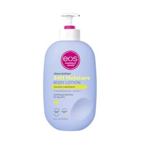 eos shea better body lotion- vanilla cashmere, 24-hour moisture skin care, lightweight & non-greasy, made with natural shea, vegan, 16 fl oz