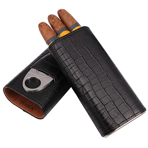 TOIKA 3 Tubes Classic Black Crocodile Pattern Leather Cigar Case Humidor with Cedar Wood Lined in Gift Box, Cigar Cutter Contained