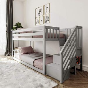 max & lily low bunk bed, twin-over-twin bed frame for kids with stairs, grey