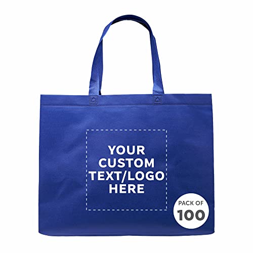 DISCOUNT PROMOS Custom Jumbo Sized Tote Bags Set of 100, Bulk Pack - Personalized Reusable Grocery Bags, Shopping Bags, Reusable Eco-Friendly Bags, Customized Promotional Item Totes for Women, Blue