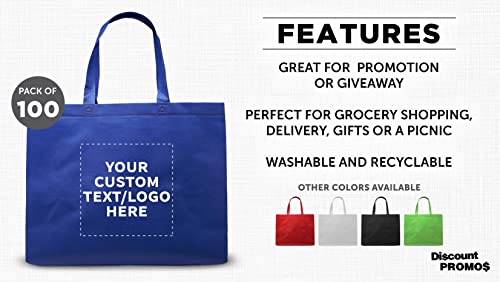 DISCOUNT PROMOS Custom Jumbo Sized Tote Bags Set of 100, Bulk Pack - Personalized Reusable Grocery Bags, Shopping Bags, Reusable Eco-Friendly Bags, Customized Promotional Item Totes for Women, Blue