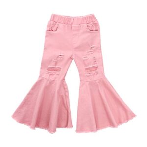 fiomva toddler baby girls flare pants solid denim ripped jeans ruffle wide leg legging trousers high waist bell bottoms (c-ripped pink,4-5t)