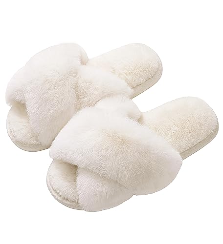 Evshine Women's Fuzzy Slippers Cross Band Memory Foam House Slippers Open Toe Indoor Outdoor Shoes, Beige, Size 7-8