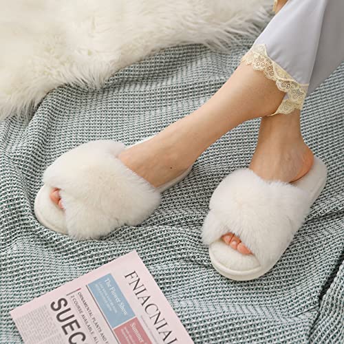 Evshine Women's Fuzzy Slippers Cross Band Memory Foam House Slippers Open Toe Indoor Outdoor Shoes, Beige, Size 7-8