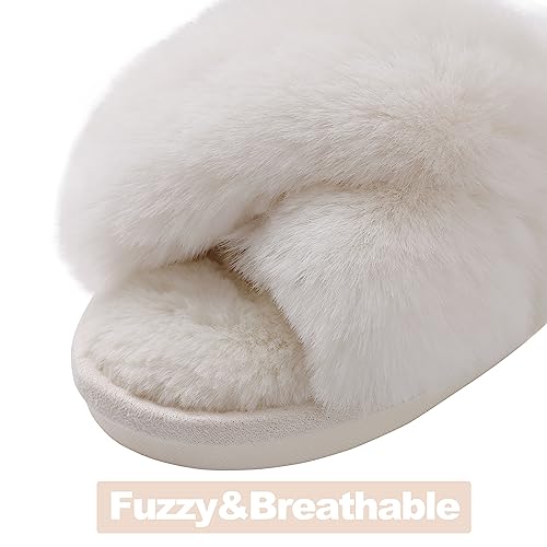 Evshine Women's Fuzzy Slippers Cross Band Memory Foam House Slippers Open Toe Indoor Outdoor Shoes, Beige, Size 7-8