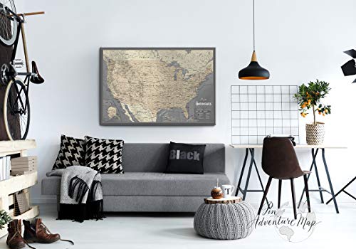 United States Travel Map Pin Board | National Park Push Pin Map | USA Wall Map on Canvas | Detailed Cartography (35 x 24)