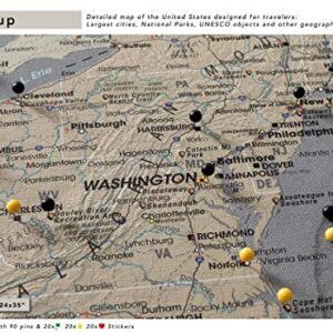 United States Travel Map Pin Board | National Park Push Pin Map | USA Wall Map on Canvas | Detailed Cartography (35 x 24)