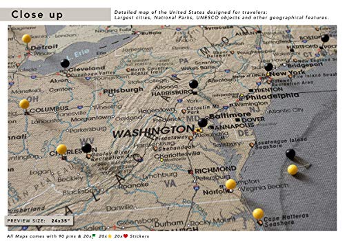 United States Travel Map Pin Board | National Park Push Pin Map | USA Wall Map on Canvas | Detailed Cartography (35 x 24)