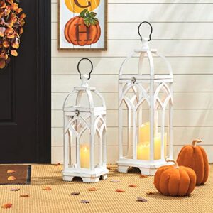 glitzhome farmhouse decorative lanterns wooden candle lantern church window frame lanterns for wedding mantle entryway home patio balcony garden, pack of 2, wash white, no glass