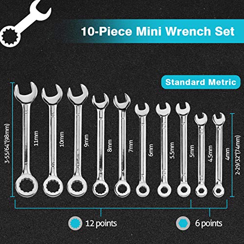 SPEEDWOX 10 Pcs Mini Combination Wrench Set Metric Mini Ignition Wrench Set 4-11mm Open and Box End Small Wrench Set Carbon Steel Spanner with Portable Pouch for Assembling Furniture Small Equipment