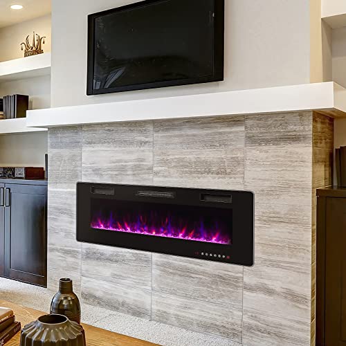 BOSSIN 50 inch Ultra-Thin Silence Linear Electric Fireplace, Recessed Wall Mounted Fireplace, Fit for 2 x 4 and 2 x 6 Stud, 12 Adjustable Flame Color & Speed,Touch Screen Remote Control with 8h Timer