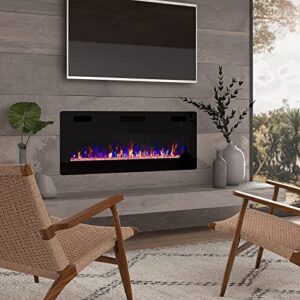 BOSSIN 50 inch Ultra-Thin Silence Linear Electric Fireplace, Recessed Wall Mounted Fireplace, Fit for 2 x 4 and 2 x 6 Stud, 12 Adjustable Flame Color & Speed,Touch Screen Remote Control with 8h Timer