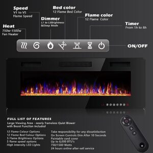 BOSSIN 50 inch Ultra-Thin Silence Linear Electric Fireplace, Recessed Wall Mounted Fireplace, Fit for 2 x 4 and 2 x 6 Stud, 12 Adjustable Flame Color & Speed,Touch Screen Remote Control with 8h Timer