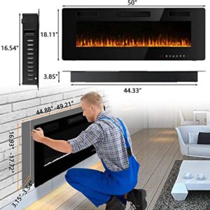 BOSSIN 50 inch Ultra-Thin Silence Linear Electric Fireplace, Recessed Wall Mounted Fireplace, Fit for 2 x 4 and 2 x 6 Stud, 12 Adjustable Flame Color & Speed,Touch Screen Remote Control with 8h Timer