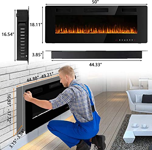 BOSSIN 50 inch Ultra-Thin Silence Linear Electric Fireplace, Recessed Wall Mounted Fireplace, Fit for 2 x 4 and 2 x 6 Stud, 12 Adjustable Flame Color & Speed,Touch Screen Remote Control with 8h Timer